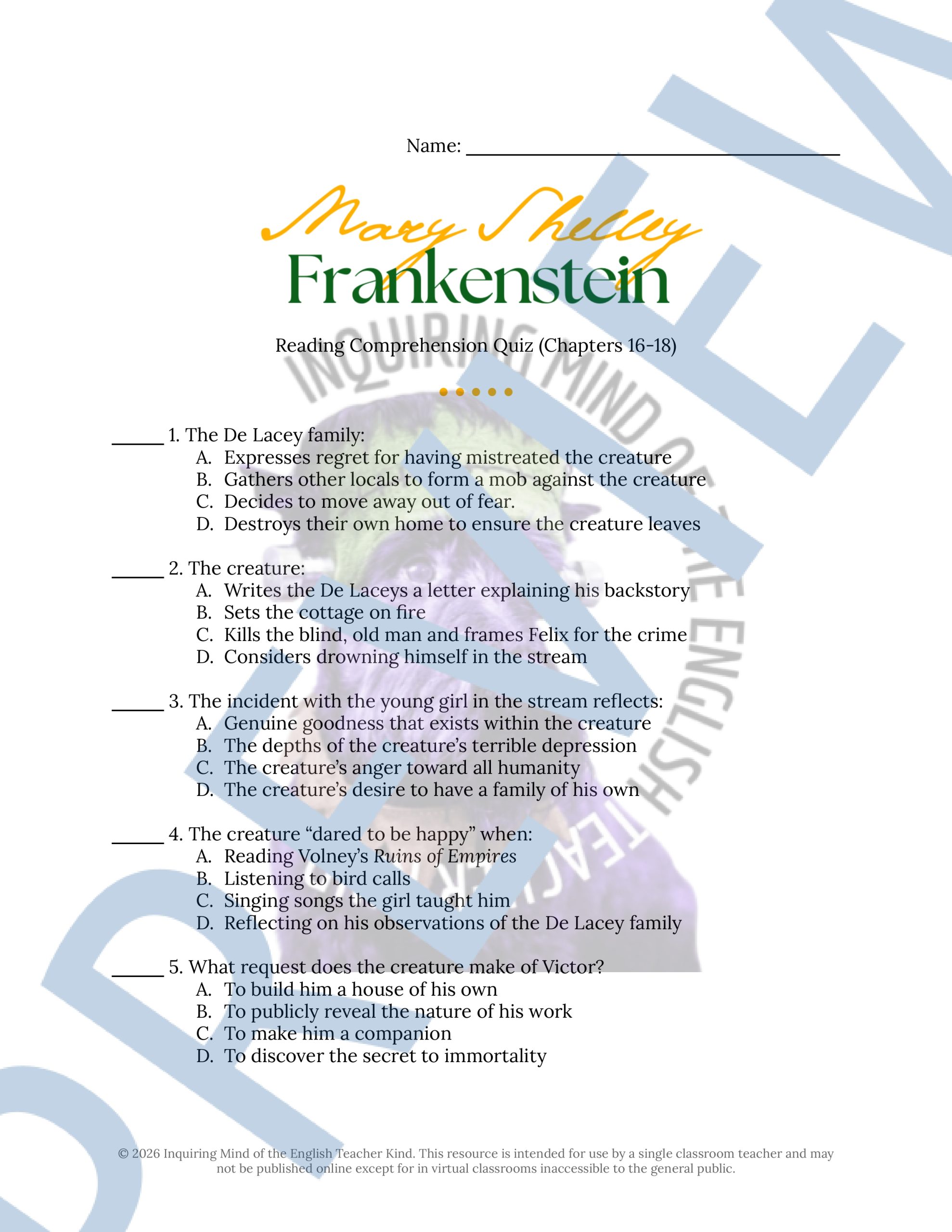 Frankenstein by Mary Shelley Quiz and Answer Key Bundle | Reading ...