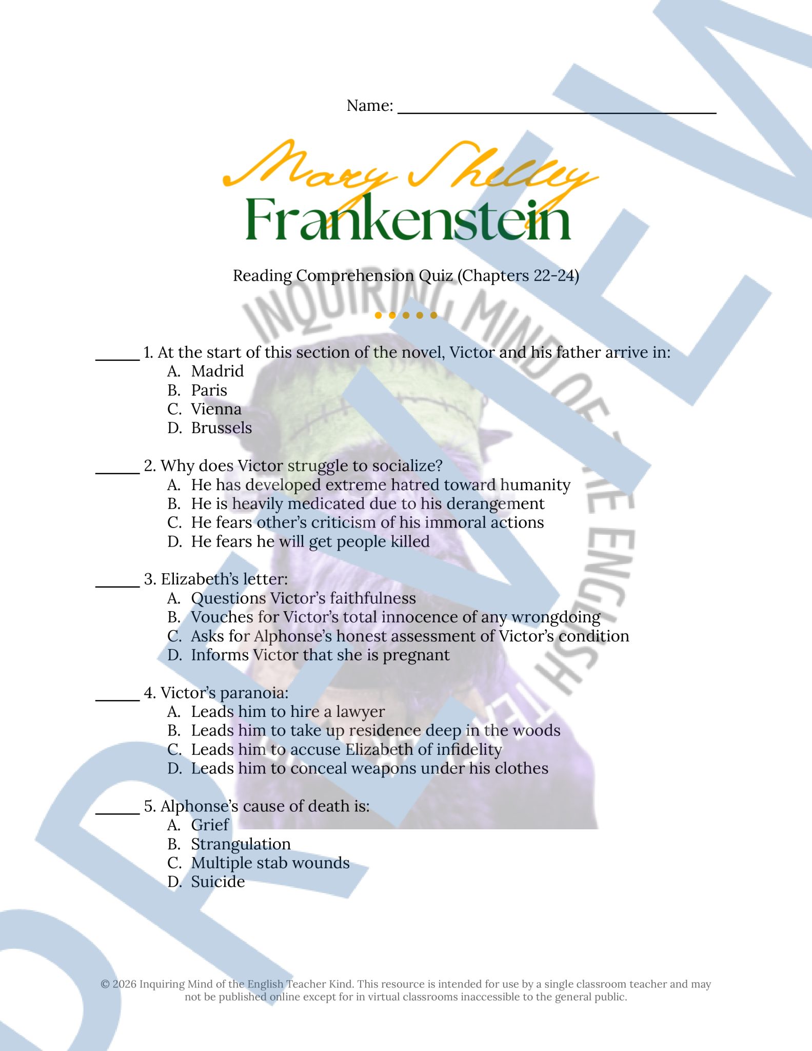 Frankenstein Chapters 22, 23, and 24 Quiz, Close Reading Worksheet, and ...