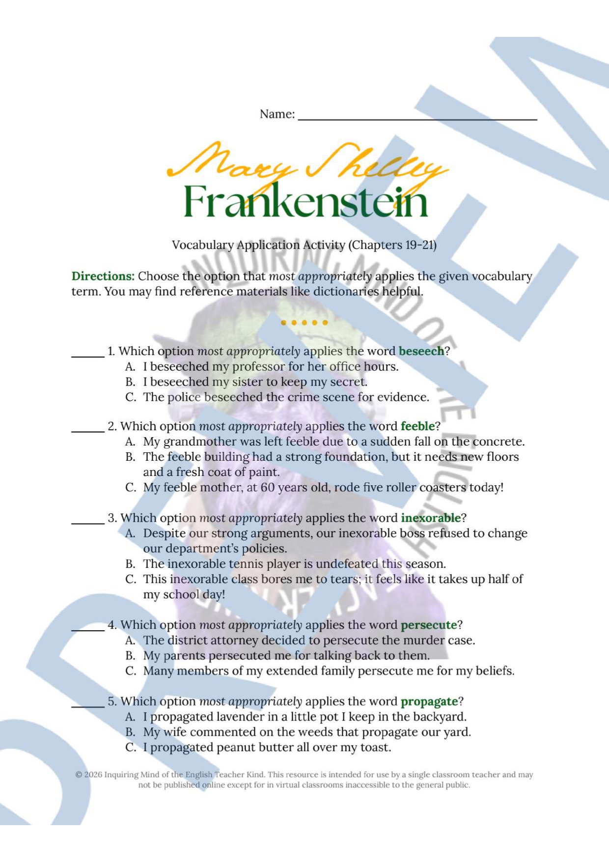 Frankenstein Chapters 19, 20, and 21 Quiz, Close Reading Worksheet, and ...