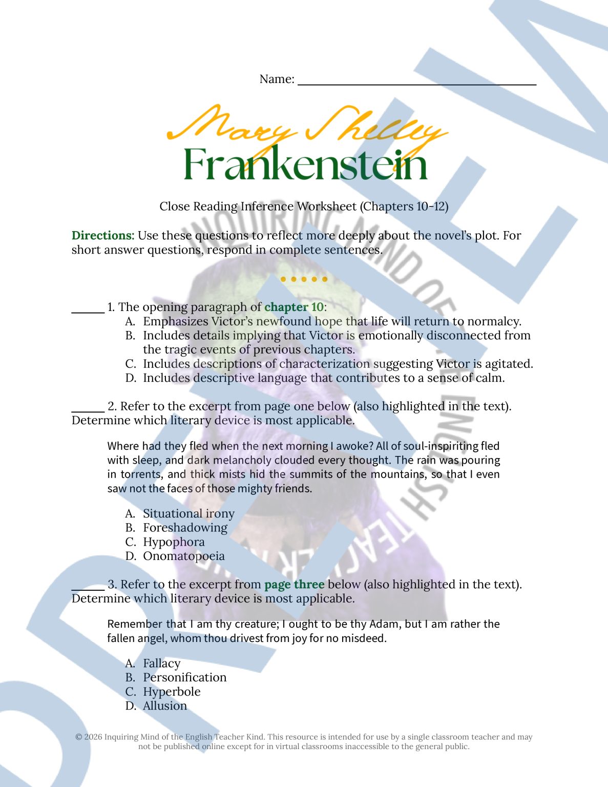 Frankenstein Chapters 10, 11, and 12 Quiz, Close Reading Worksheet, and ...