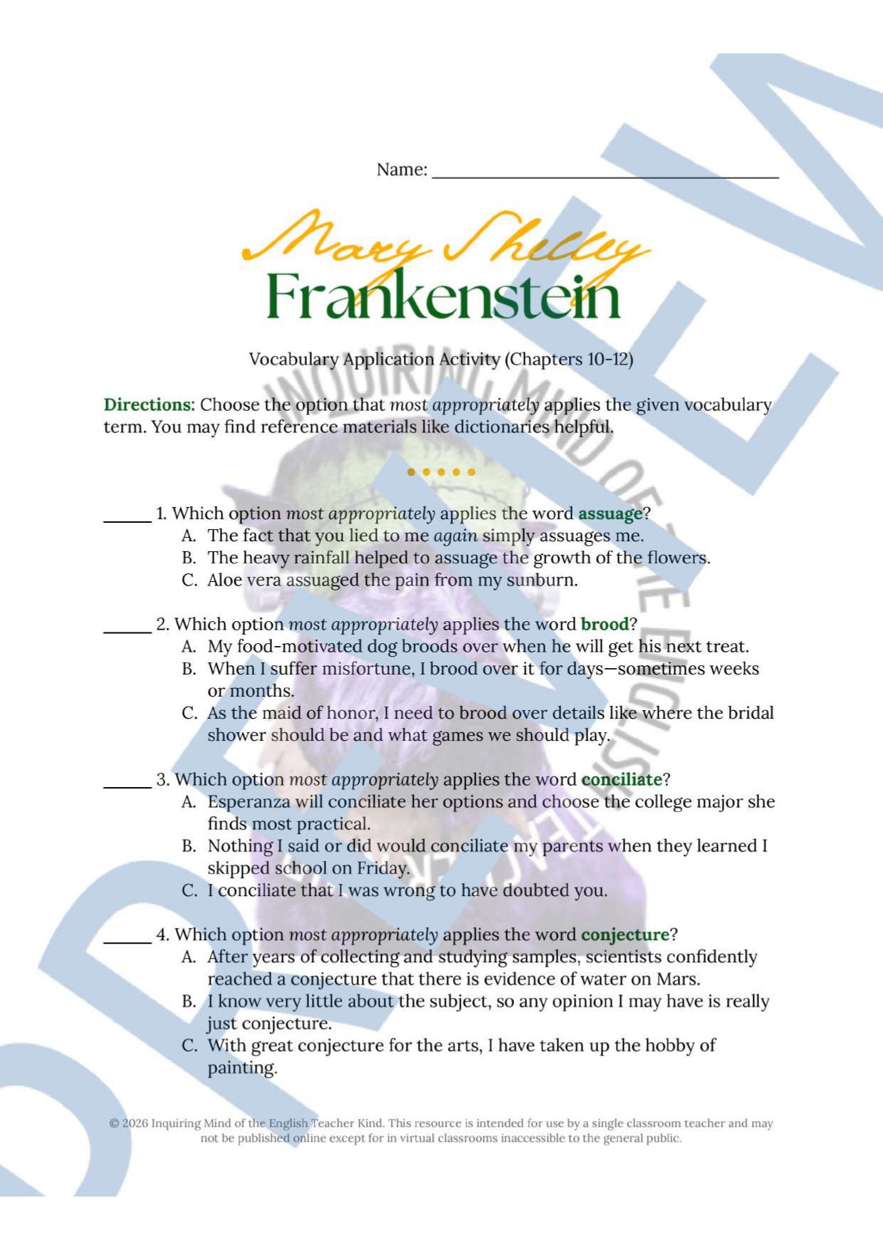 Frankenstein Chapters 10, 11, and 12 Quiz, Close Reading Worksheet, and ...