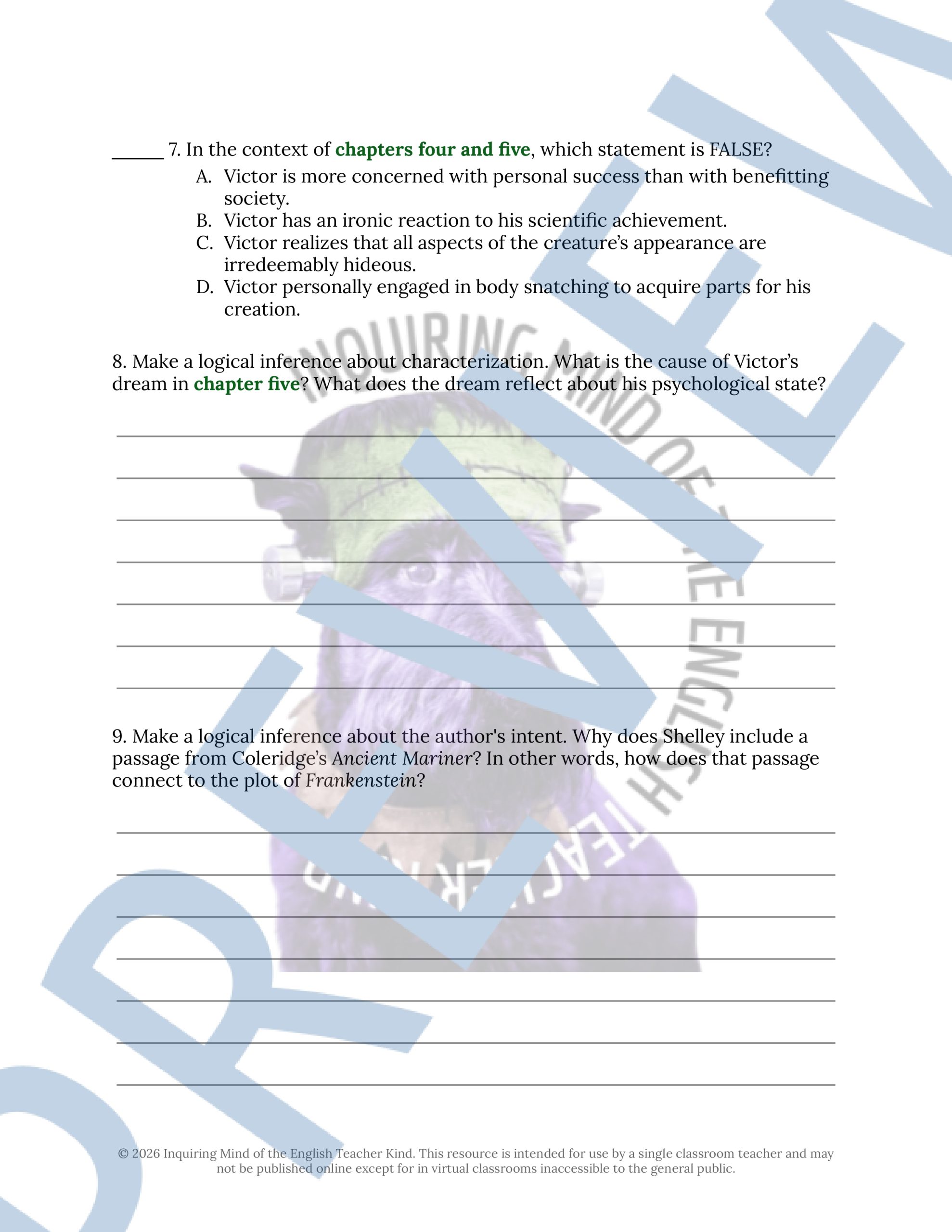 Frankenstein Chapters 4, 5, and 6 Quiz, Close Reading Worksheet, and ...