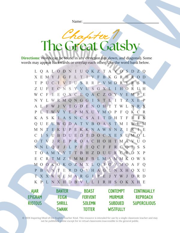 Great Gatsby Chapter 1 Vocabulary Activities | Crossword Puzzle | Word ...