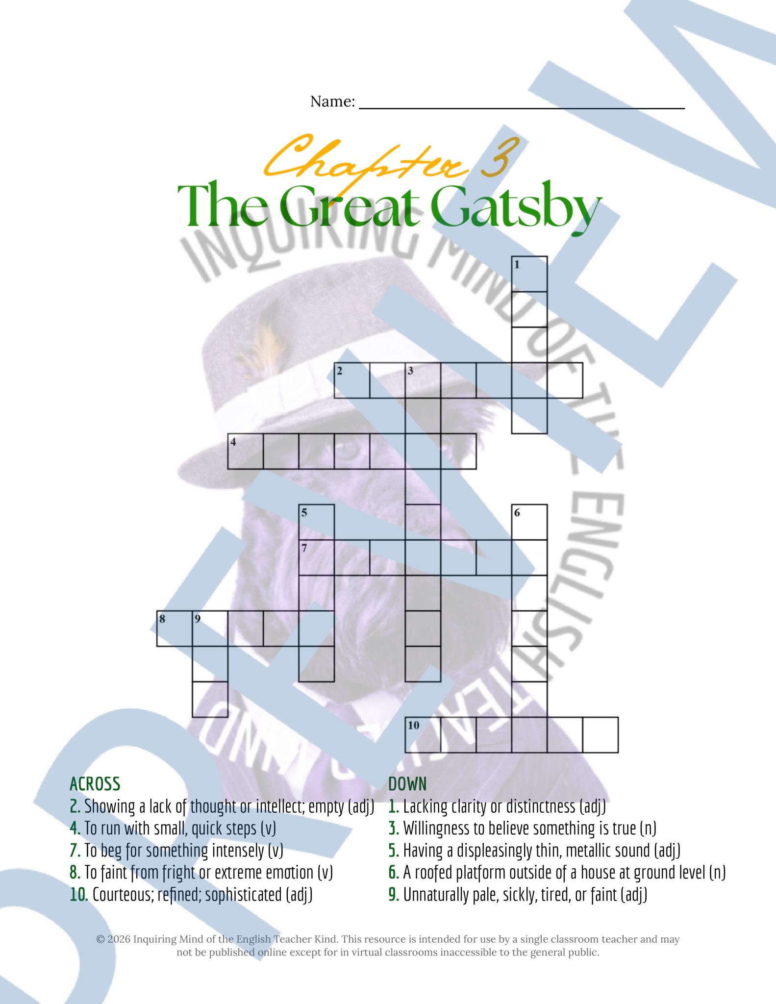 Great Gatsby Chapter 3 Vocabulary Activities | Crossword Puzzle | Word ...