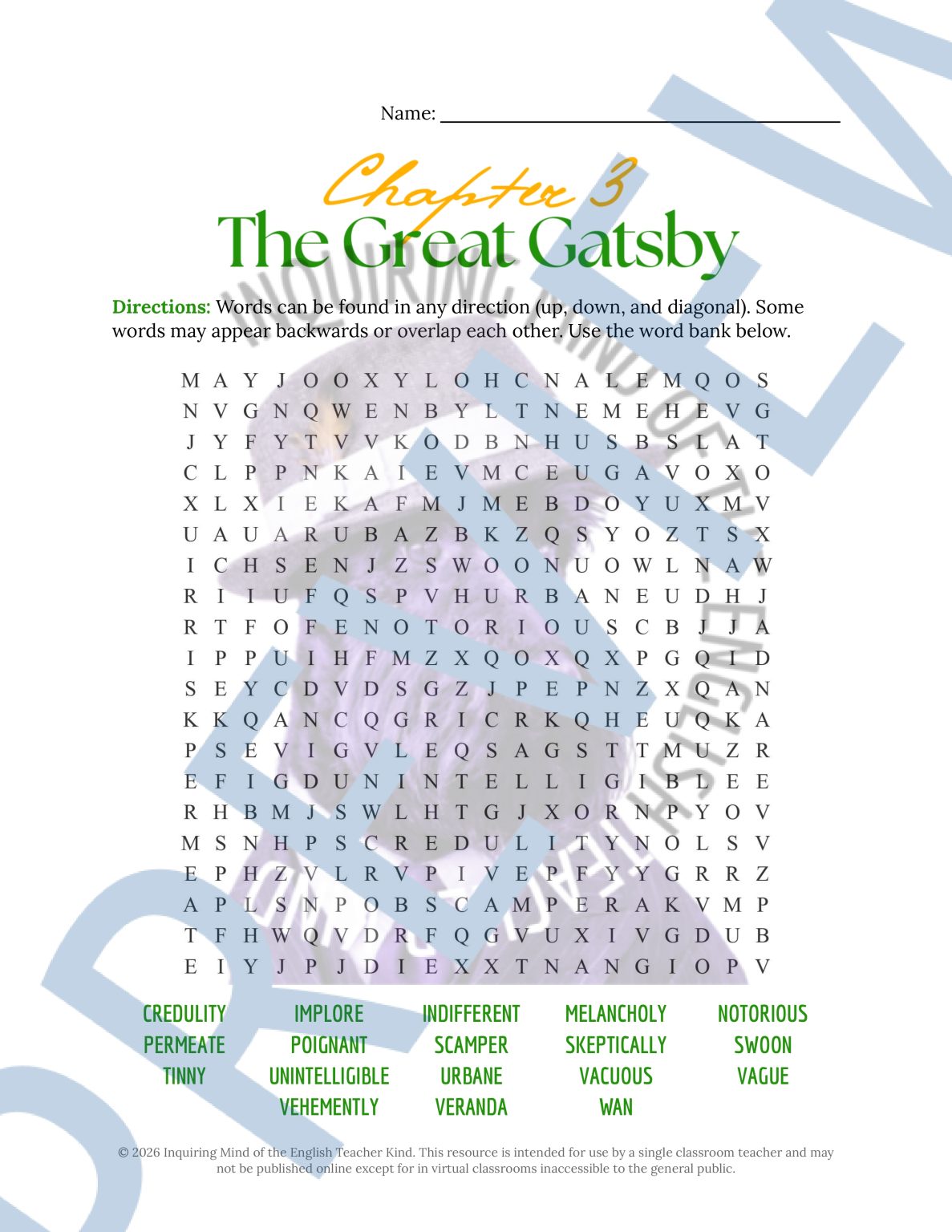 Great Gatsby Chapter 3 Vocabulary Activities | Crossword Puzzle | Word ...