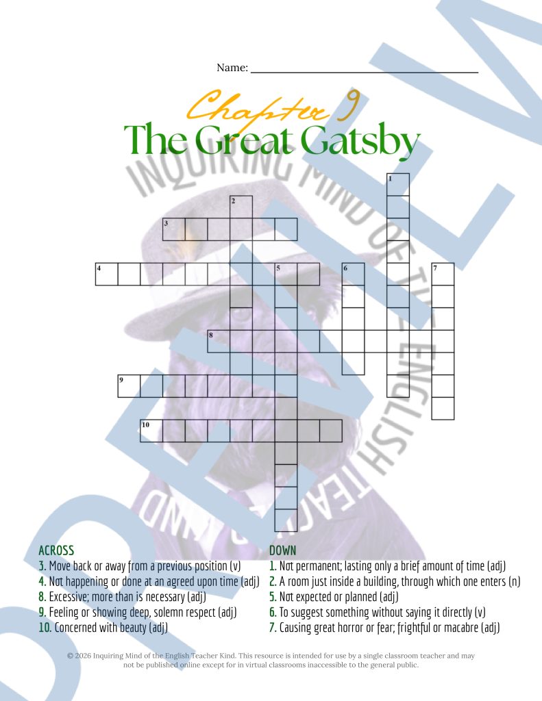 Great Gatsby Chapter 9 Vocabulary Activities | Crossword Puzzle | Word ...