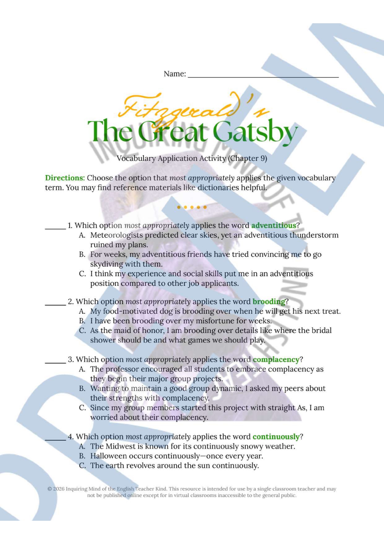 Great Gatsby Chapter 9 Vocabulary Activities | Crossword Puzzle | Word ...