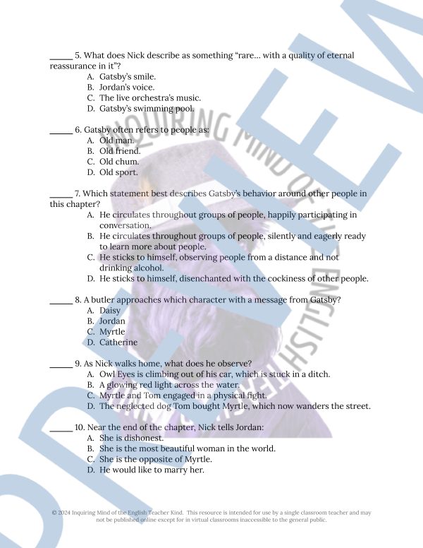 The Great Gatsby Chapter 3 Quiz and Answer Key | Independent Reading ...