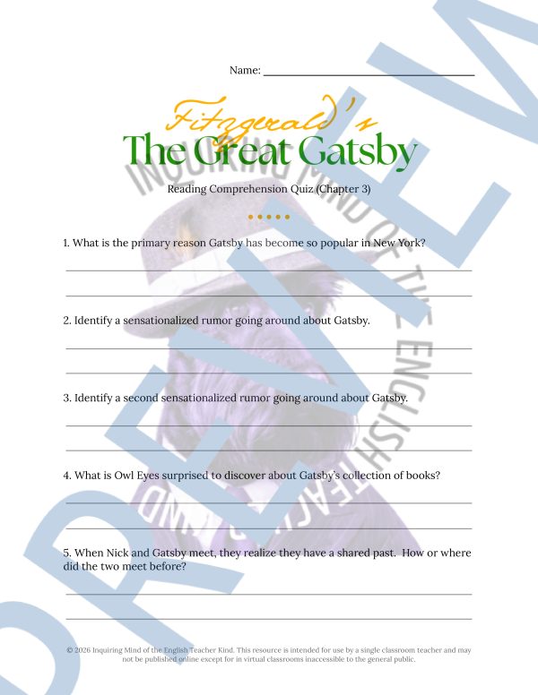 The Great Gatsby Chapter 3 Quiz and Answer Key | Independent Reading ...