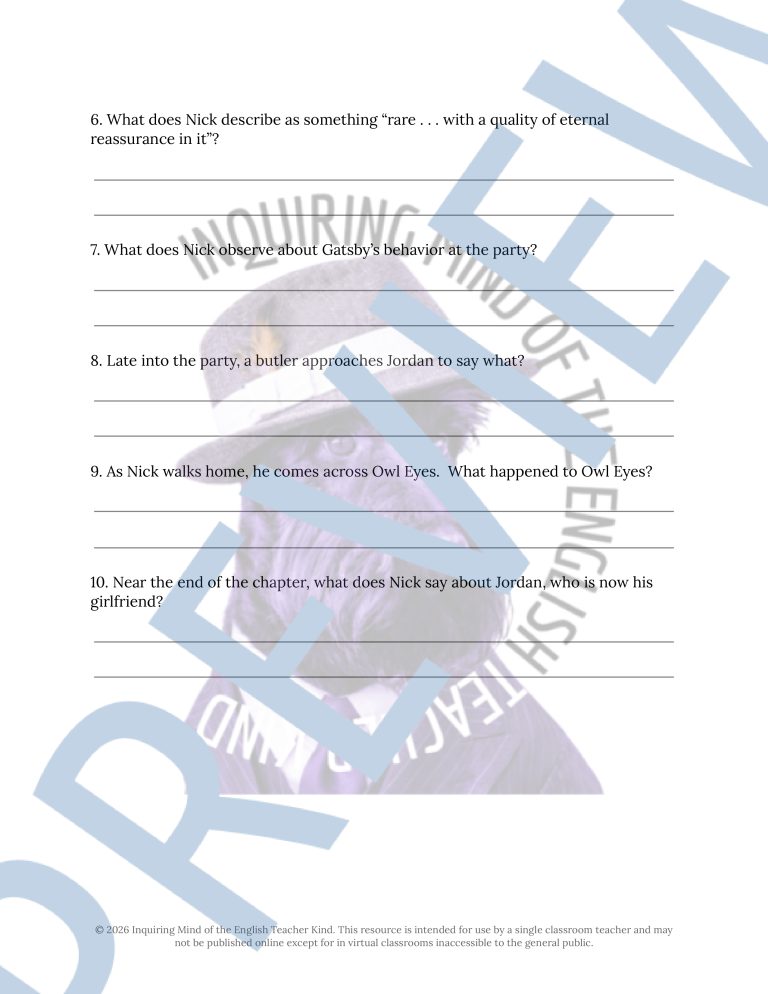 The Great Gatsby Chapter 3 Quiz and Answer Key | Independent Reading ...