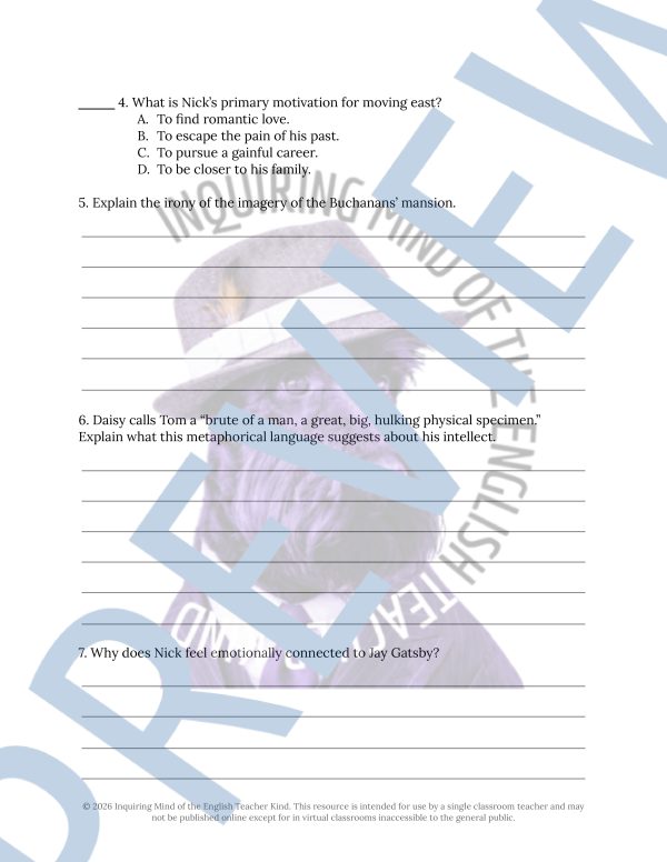 The Great Gatsby Chapter 1 Literary Analysis Worksheet | American ...