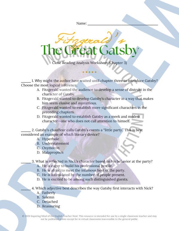 The Great Gatsby Chapter 3 Literary Analysis Worksheet | American ...