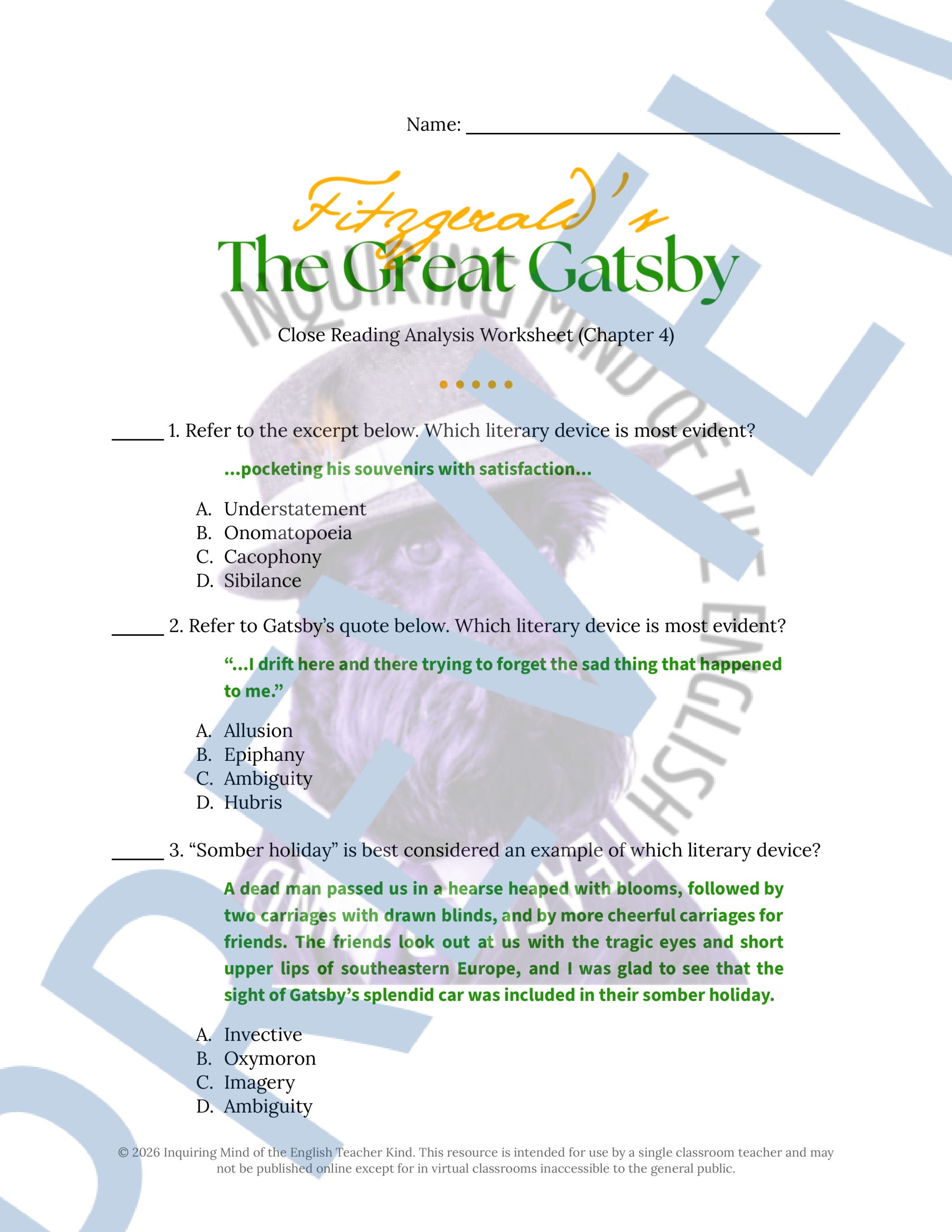 The Great Gatsby Chapter 4 Quiz, Analysis Worksheet, and Vocabulary ...