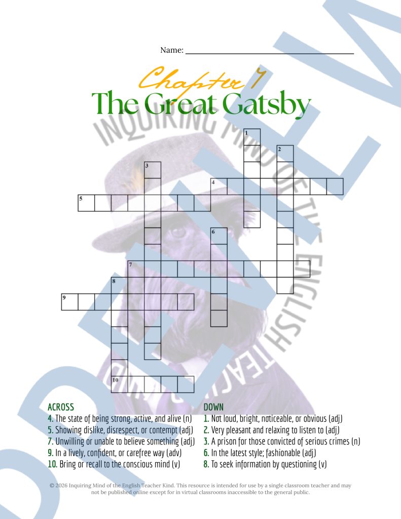The Great Gatsby Chapter 4 Quiz, Analysis Worksheet, and Vocabulary ...