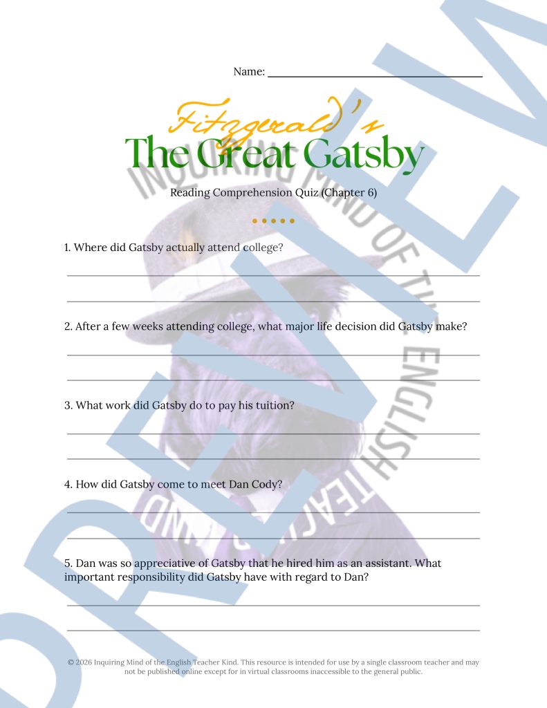 The Great Gatsby Chapter 6 Quiz and Answer Key | Independent Reading ...