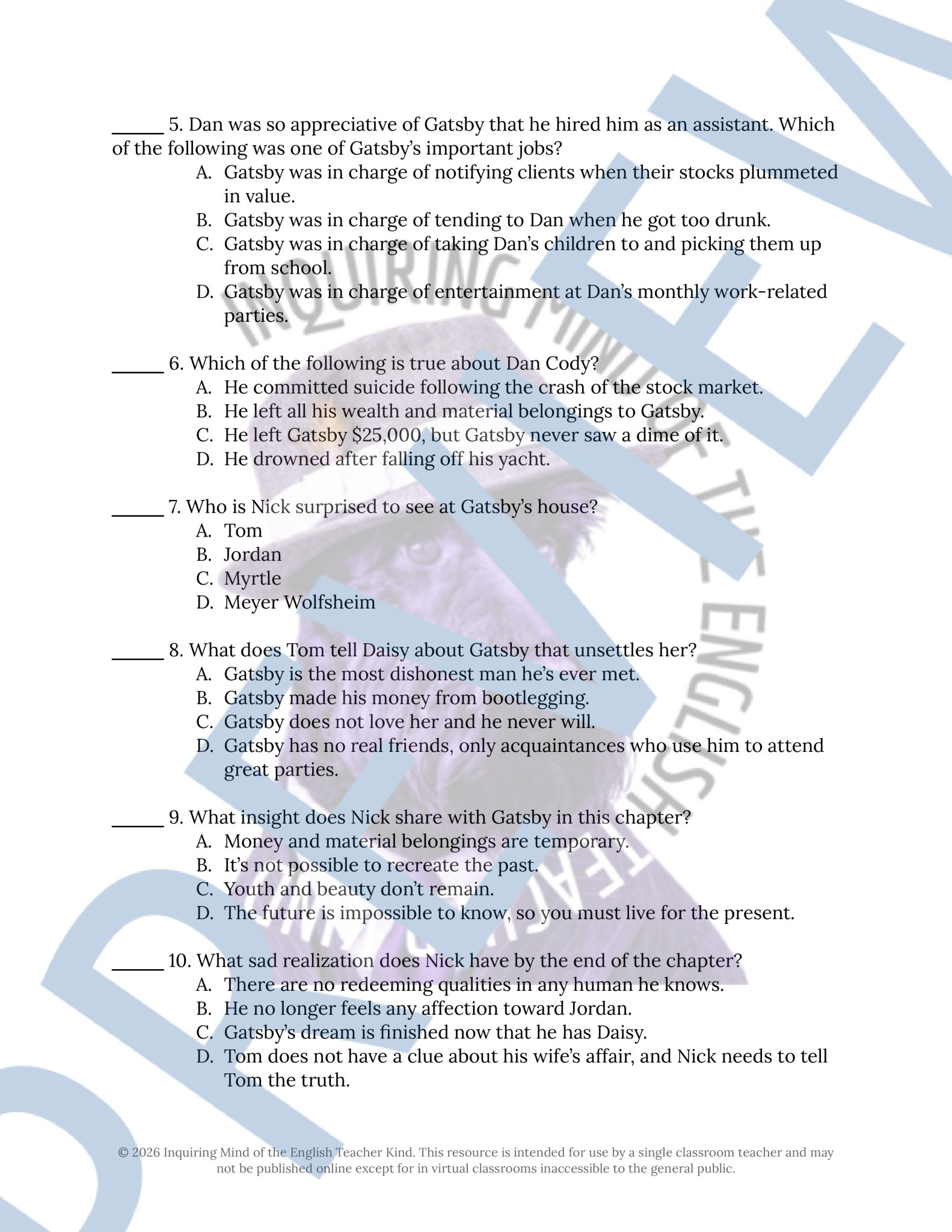 The Great Gatsby Chapter 6 Quiz, Analysis Worksheet, and Vocabulary ...