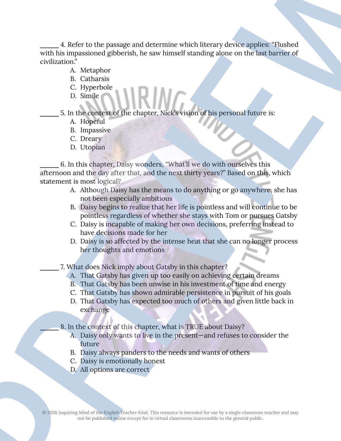 The Great Gatsby Chapter 7 Quiz, Analysis Worksheet, and Vocabulary ...