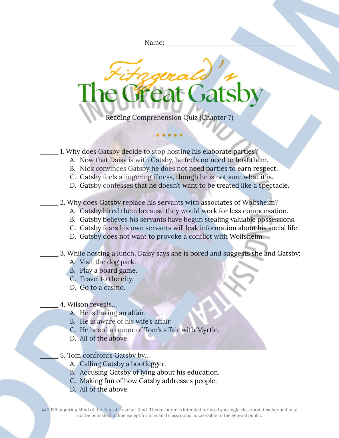 The Great Gatsby Chapter 7 Quiz, Analysis Worksheet, and Vocabulary ...