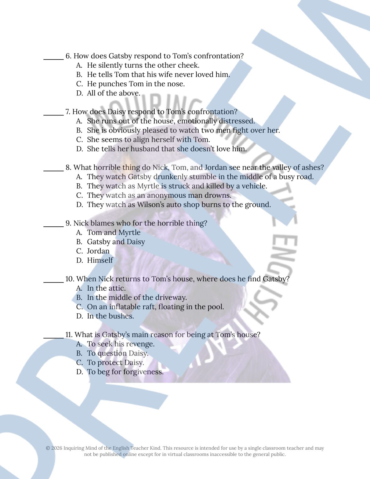 The Great Gatsby Chapter 7 Quiz, Analysis Worksheet, and Vocabulary ...