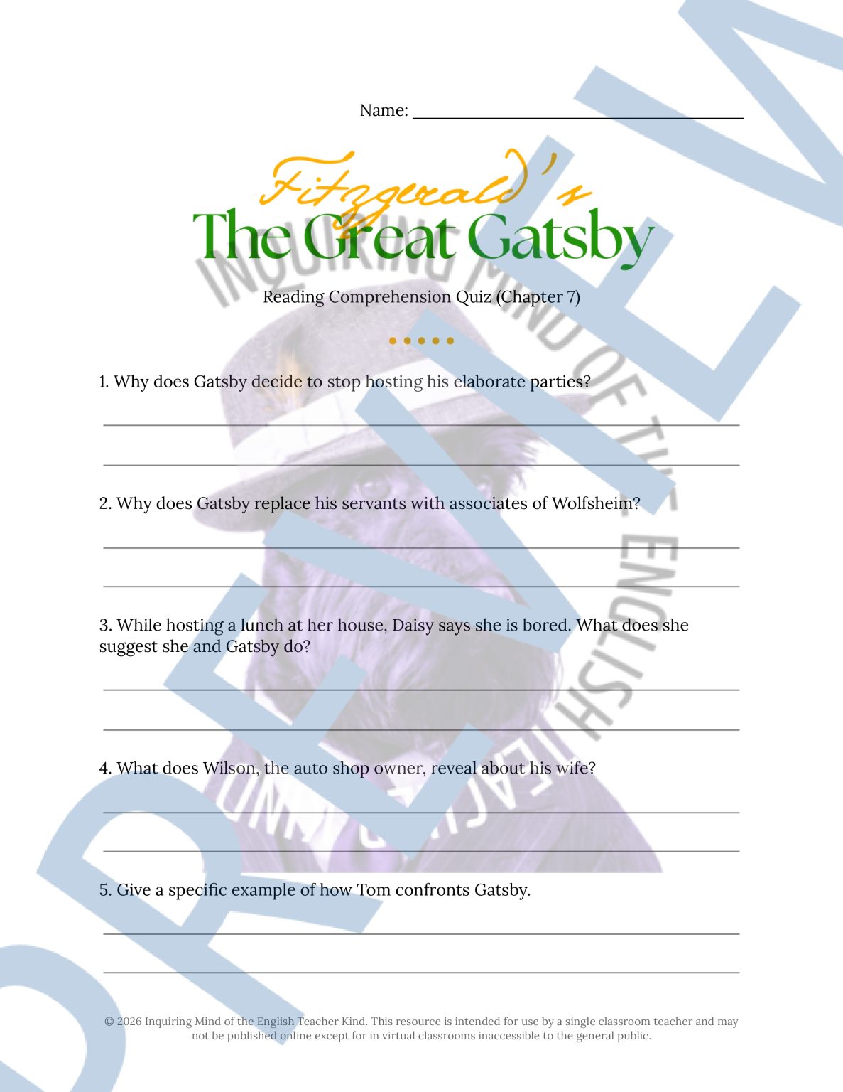 The Great Gatsby Chapter 7 Quiz, Analysis Worksheet, and Vocabulary ...