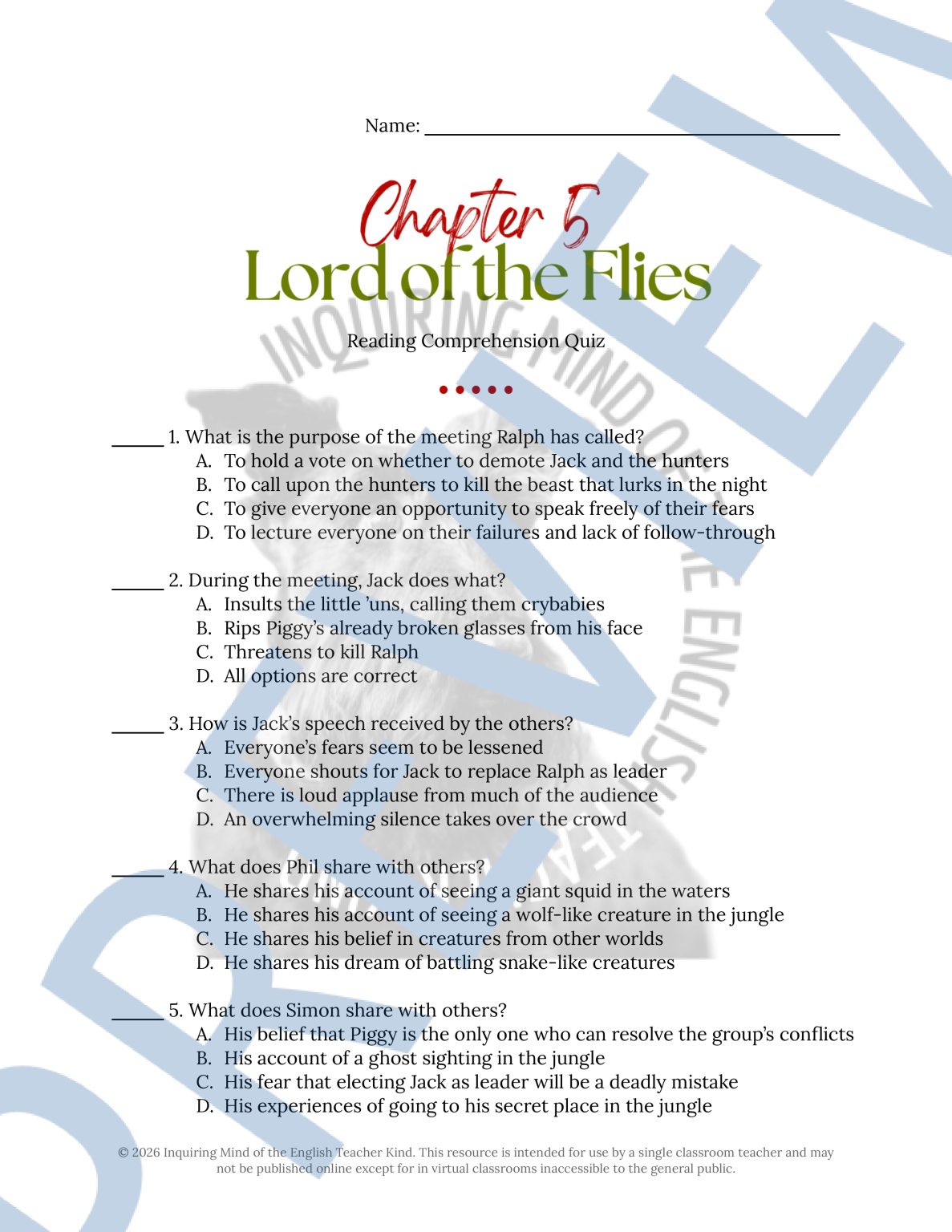 Lord of the Flies Chapter 5 Quiz and Answer Key | Guided Reading ...