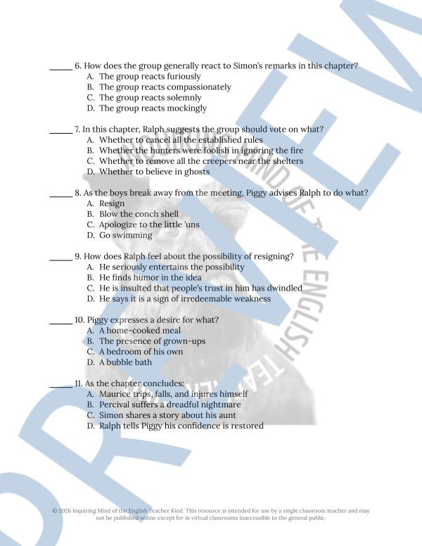 Lord of the Flies Chapter 5 Quiz and Answer Key | Guided Reading ...