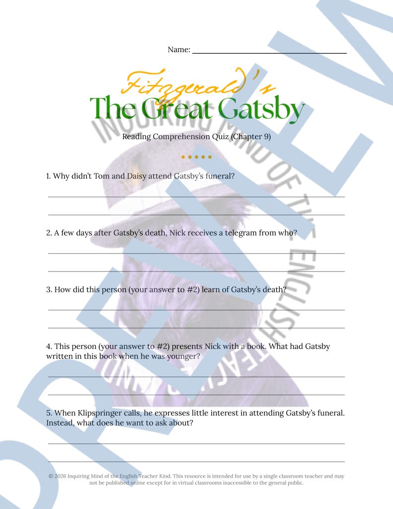 The Great Gatsby Chapter 9 Quiz and Answer Key | Independent Reading ...