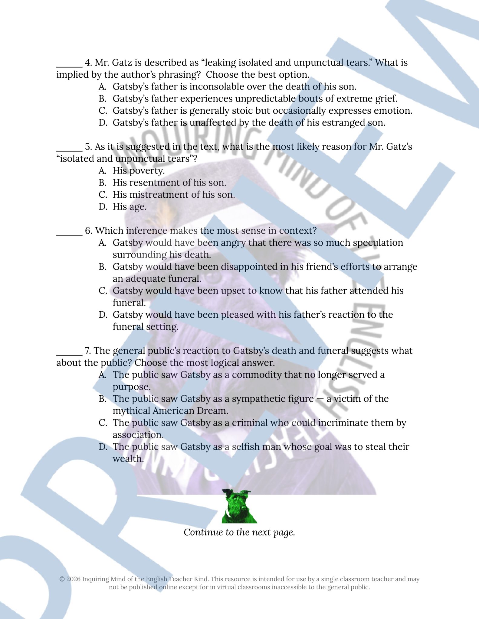 The Great Gatsby Close Reading Analysis Worksheets | High School Novel ...