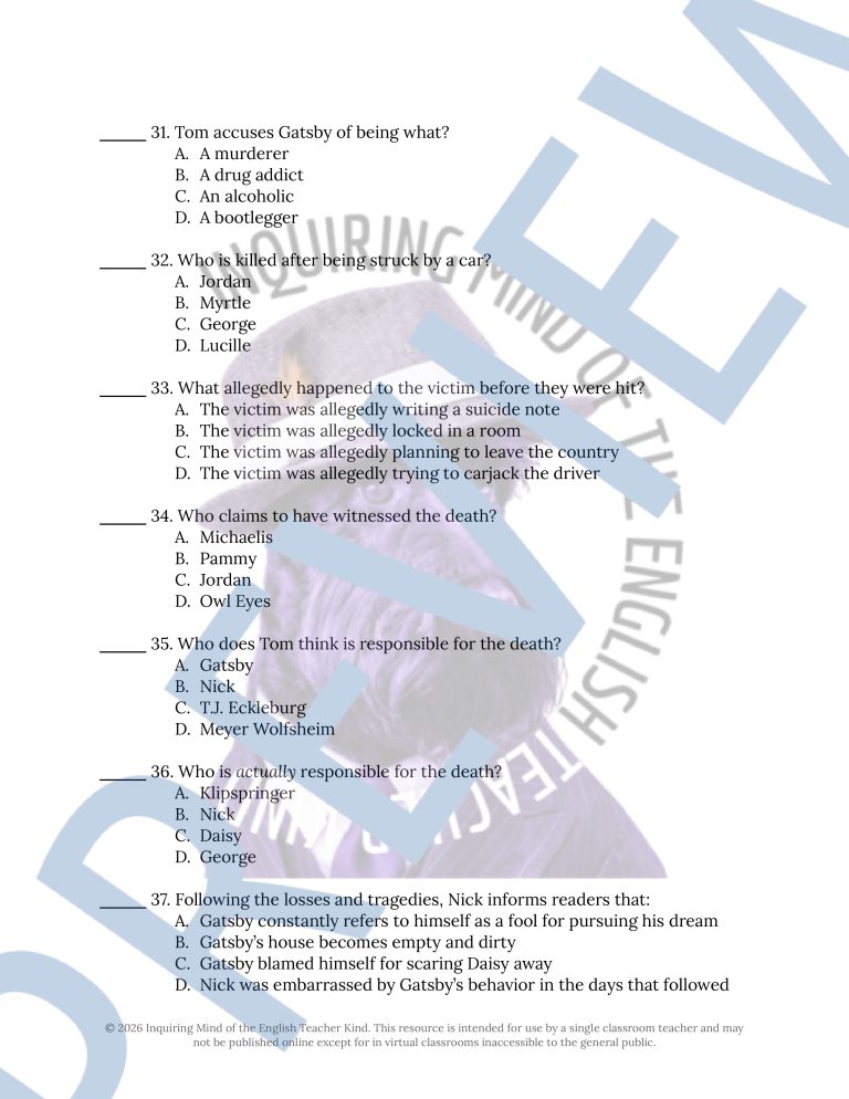 The Great Gatsby Quizzes, Inference Worksheets, Vocabulary Games, Test ...