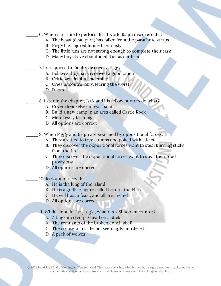 Lord of the Flies Chapter 8 Quiz and Answer Key | Guided Reading ...
