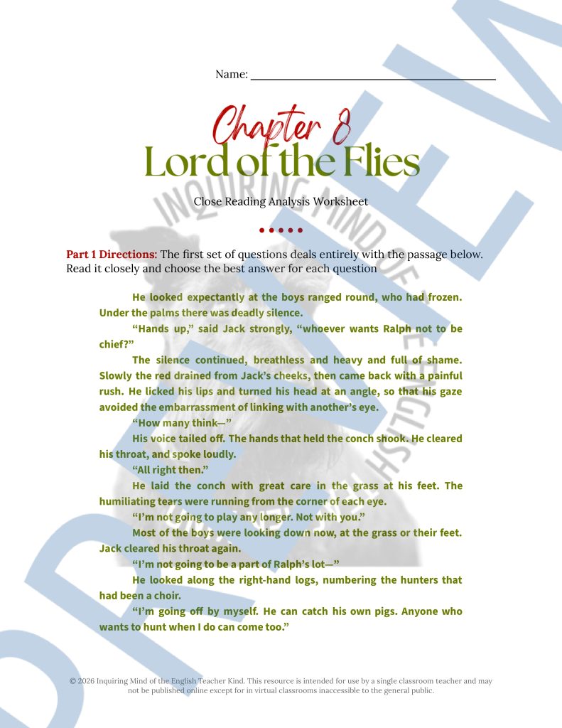 Lord of the Flies Chapter 8 Analysis Worksheet | Dystopian Young Adult ...