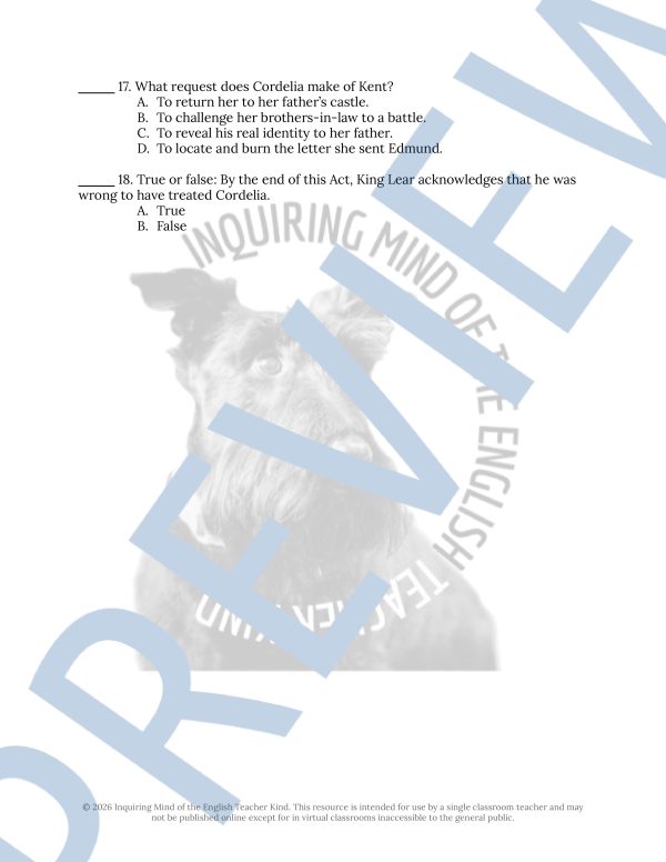 Shakespeare's King Lear Act 4 Quiz & Answer Key | Reading Comprehension ...