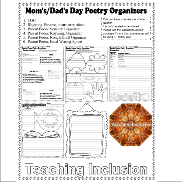 Mother's Day Father's Poem Graphic Organizers Writing Template Rhyming ...