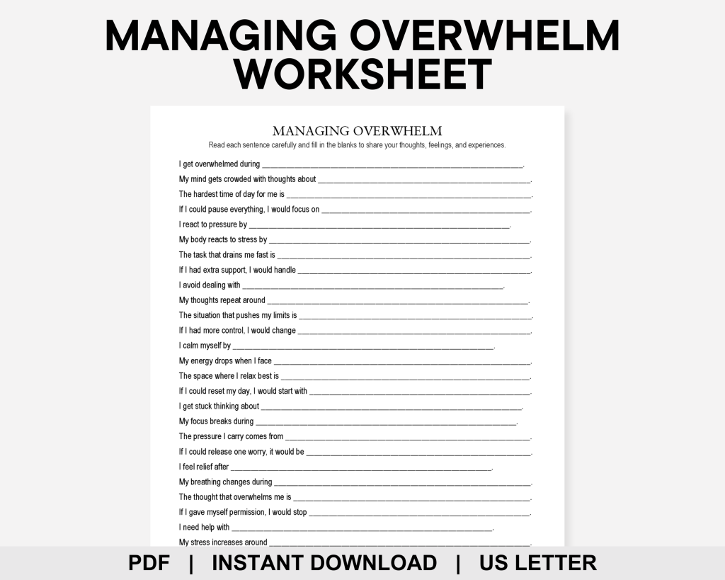 Managing Overwhelm Worksheet, Sensory Overload, Overthinking, Stress ...