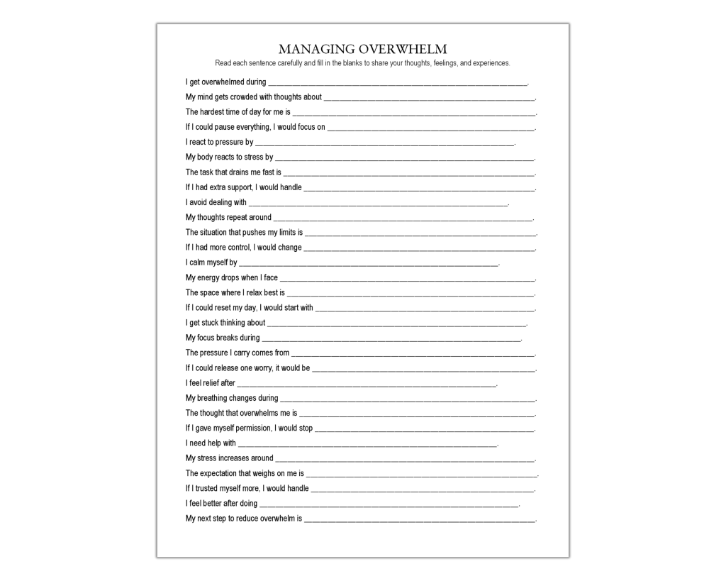 Managing Overwhelm Worksheet, Sensory Overload, Overthinking, Stress ...