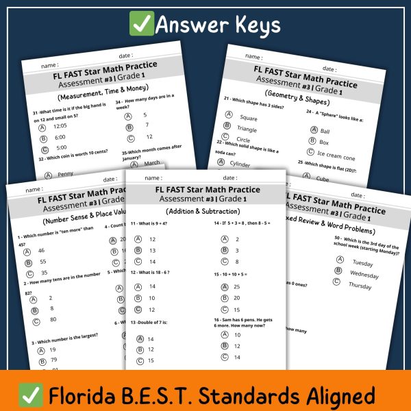 FL FAST RENAISSANCE Star Math Practice Assessment #3 | Grade 1 -Test ...