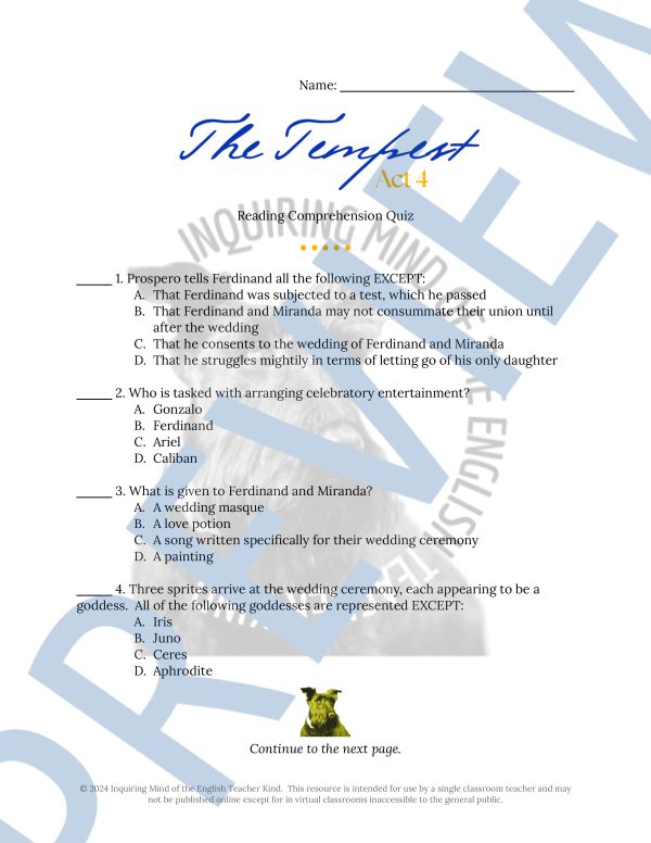 The Tempest Act 4 Quiz and Answer Key | Shakespeare Assessment ...