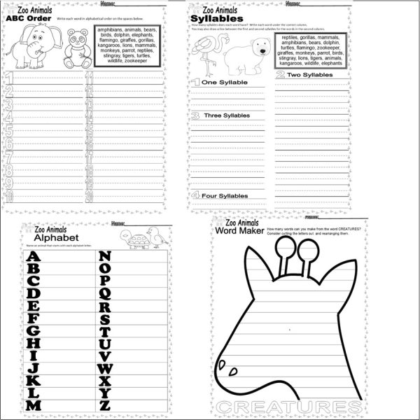 Zoo Animals SPELLING Worksheets Word Search Poem Writing NO PREP ELA ...