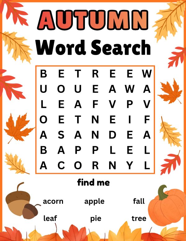 Preschool & Kindergarten Autumn & Fall Word Search Worksheets Activity ...