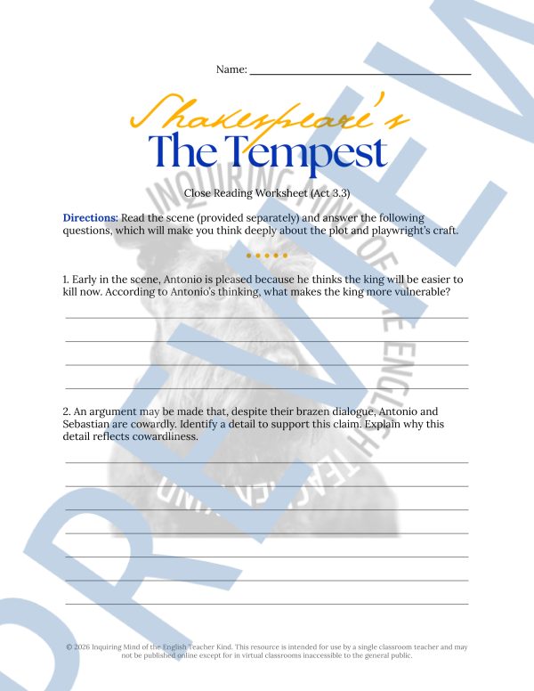The Tempest Act 3 Scene 3 Close Reading Analysis Worksheet for High ...