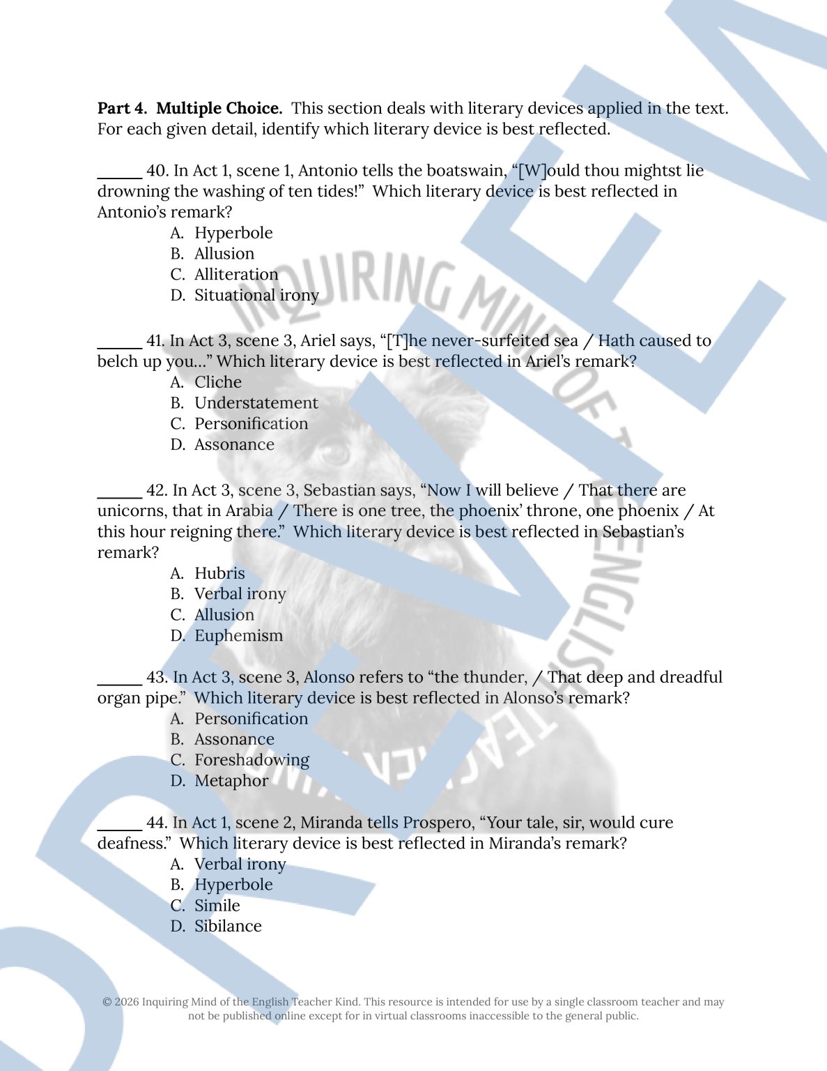 The Tempest Quizzes, Analysis Worksheets, Vocabulary Games, Test ...