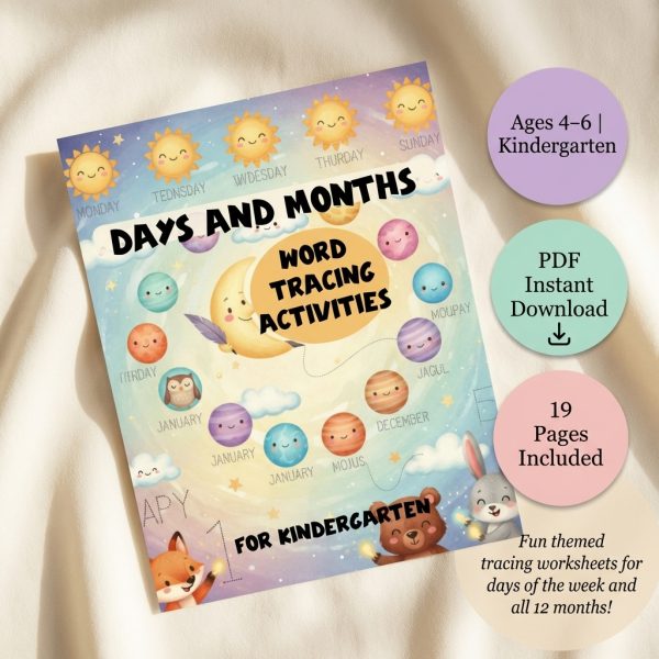 Days and Months Tracing Worksheets for Kindergarten Calendar Skills ...