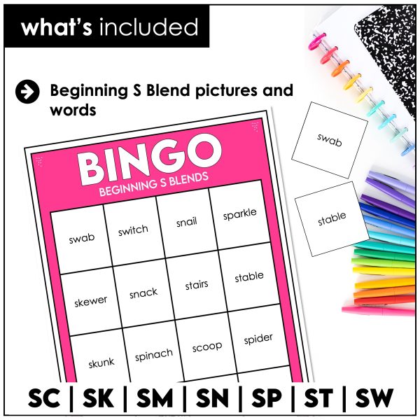 S Blends Bingo Game sc, sk, sm, sn, sl, sp, st, sw Beginning Phonics ...