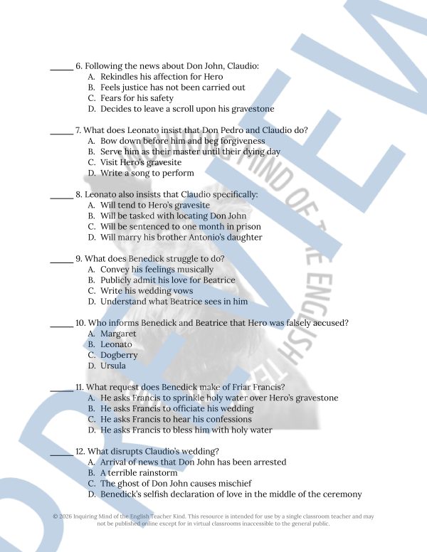 Much Ado About Nothing Act 5 Quiz and Answer Key | Made By Teachers