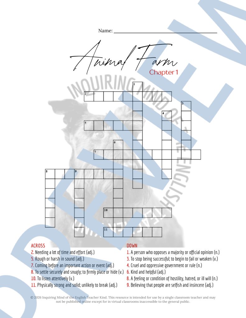 Animal Farm Chapter 1 Vocabulary Worksheet, Crossword Puzzle, and Word ...