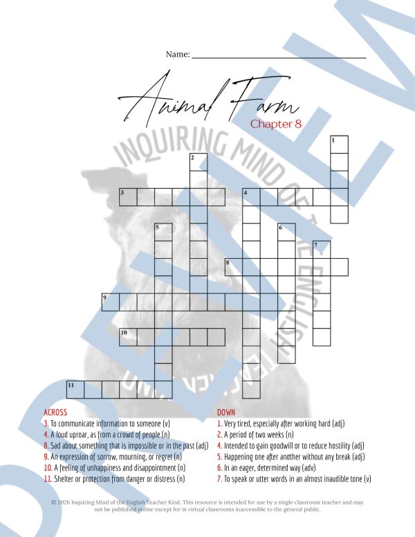 Animal Farm Chapter 8 Vocabulary Worksheet, Crossword Puzzle, and Word ...