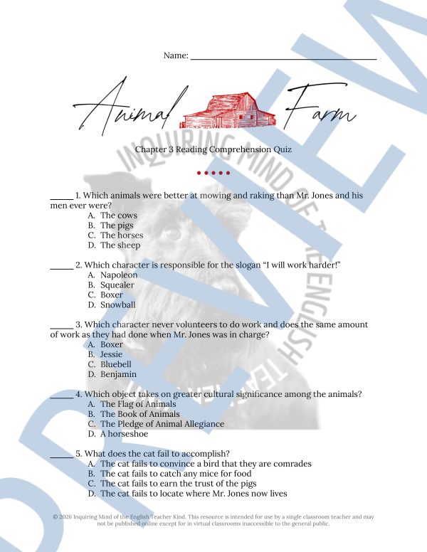 Animal Farm Chapter 3 Quiz and Answer Key | Independent Reading ...