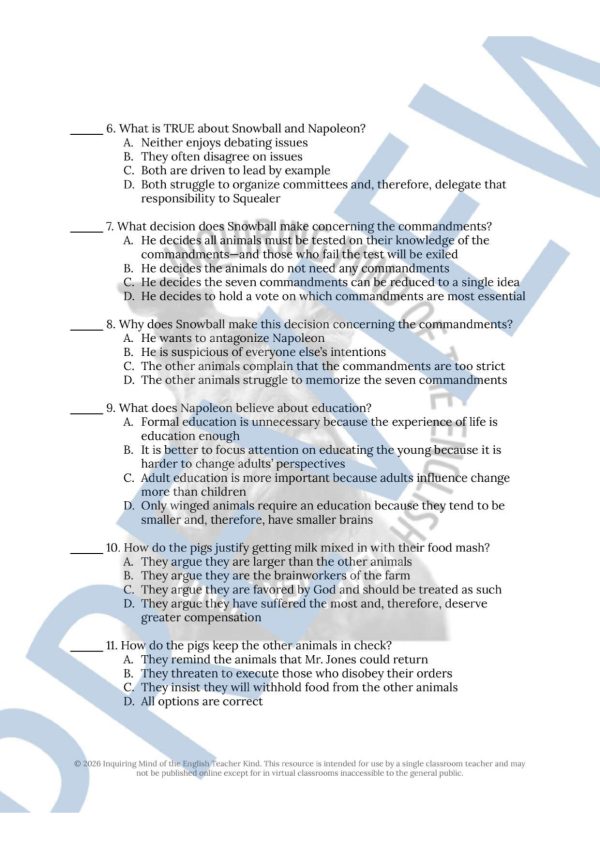 Animal Farm Chapter 3 Quiz and Answer Key | Independent Reading ...