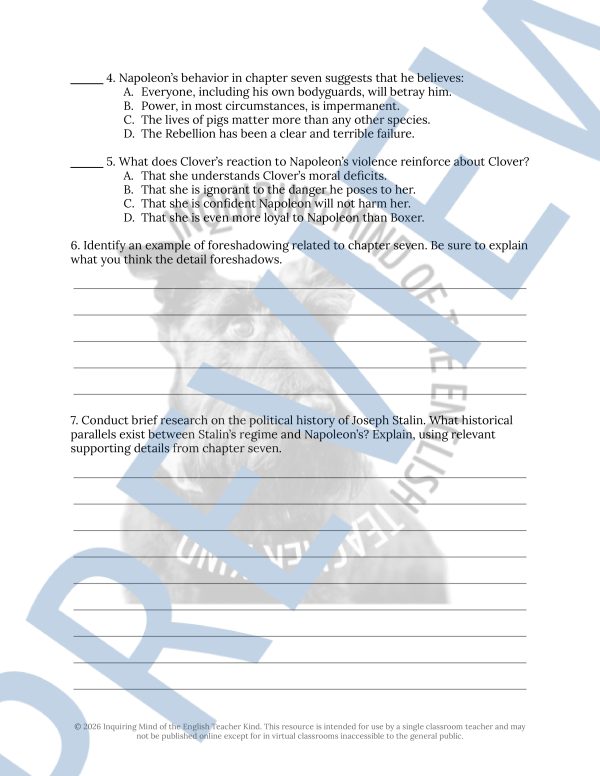 Animal Farm Chapter 7 Close Reading Analysis Worksheet - Made By Teachers
