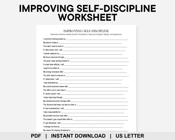 Improving Self Discipline Worksheet, Productivity, Goal Setting, Growth ...